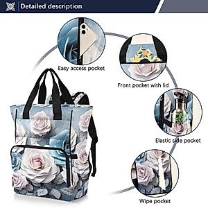 xigua Blue and White Roses Diaper Bag Backpack Multi Function Baby Changing Bags Waterproof Large Capacity Travel Back Pack for Mom Dad