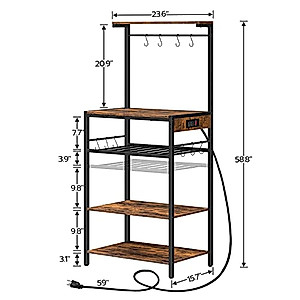 HOOBRO Bakers Rack with Power Outlet, 4-Tier Microwave Stand with Adjustable Wine Rack, Coffee Bar with 10 S-Shaped Hooks, for Kitchen, Living Room, Dinning Room, Rustic Brown BF60UHB01