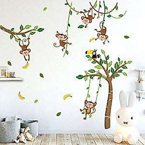 Runtoo Monkey and Tree Wall Decals Animals Jungle Wall Stickers TV Wall Décor for Baby Nursery Kids Bedroom