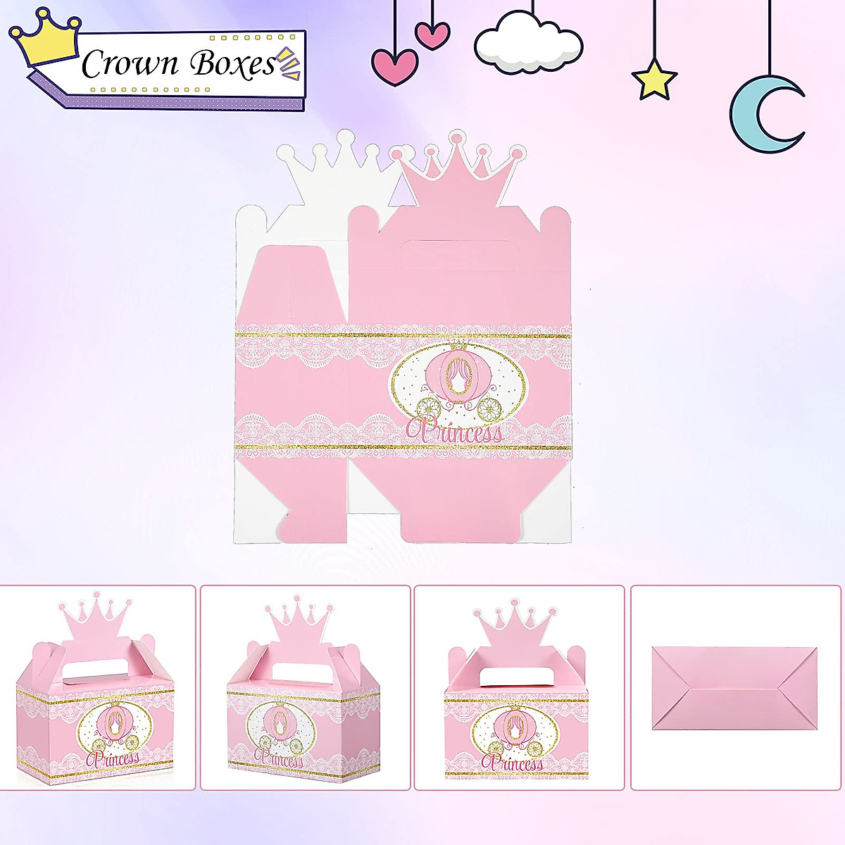 Outus 12 Pieces Little Princess Crown Treat Box Princess Decoration Supplies Favors Pink and Gold Princess Baby Shower or Birthday Girl Party Boxes