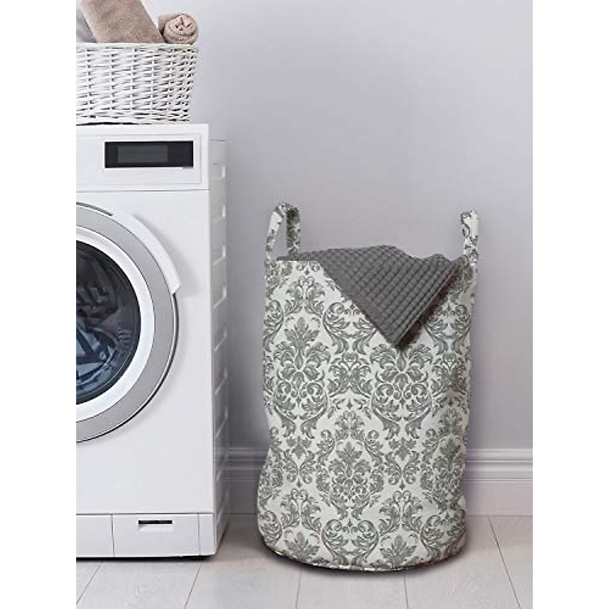 Lunarable Damask Laundry Bag, Baroque Style Leaf Blossoming Pattern Flowery Design Curves Ornamental Artwork, Hamper Basket with Handles Drawstring Closure for Laundromats, 13" x 19", Grey
