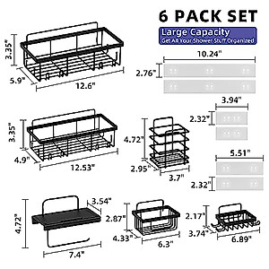 Veluckin Shower Caddy 6 Pack,Toilet Paper Holder,Soap Holder,Toothbrush Holder,No Drilling,13 in Large Capacity,Adhesive Shower Organizer for Bathroom Storage&Kitchen(Black)