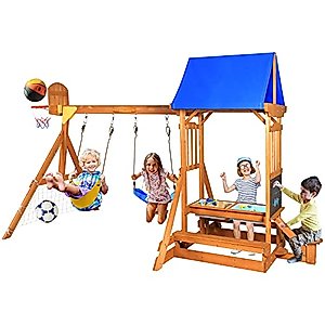 SuniBoxi Wooden Swing Set/Playset Made for Small Yards and Kids Toddlers Age 3-6, 6-in-1 Playground Set with Picnic Table Drawing Board Sandboxes Basketball Hoop Soccer Net