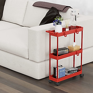 SimpleHouseware Kitchen Cart Storage 3-Tier Slim/Super Narrow Shelves with Handle, 26.5'' Height/5.5'' Width for Narrow Place, Red
