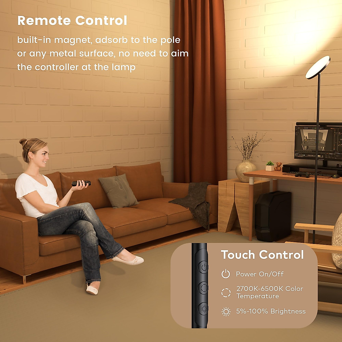 WOWLUMEN Floor Lamp,Bright 36W 3500LM Standing Lamp with Remote, 2700K Soft White to 6500K Cool White Adjustable,Touch Control Dimmable Torchiere Tall Lamp for Living Room,Bedroom,Office,Sofa(Black)