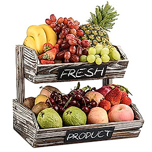 Rustic Fruit Basket Holder, 2 Tier Wood Fruit Stand with Chalkboards, Countertop Fruit and Vegetable Storage for Farmhouse Kitchen, Wooden Fruit Bowl for Vegetable Bread Snacks
