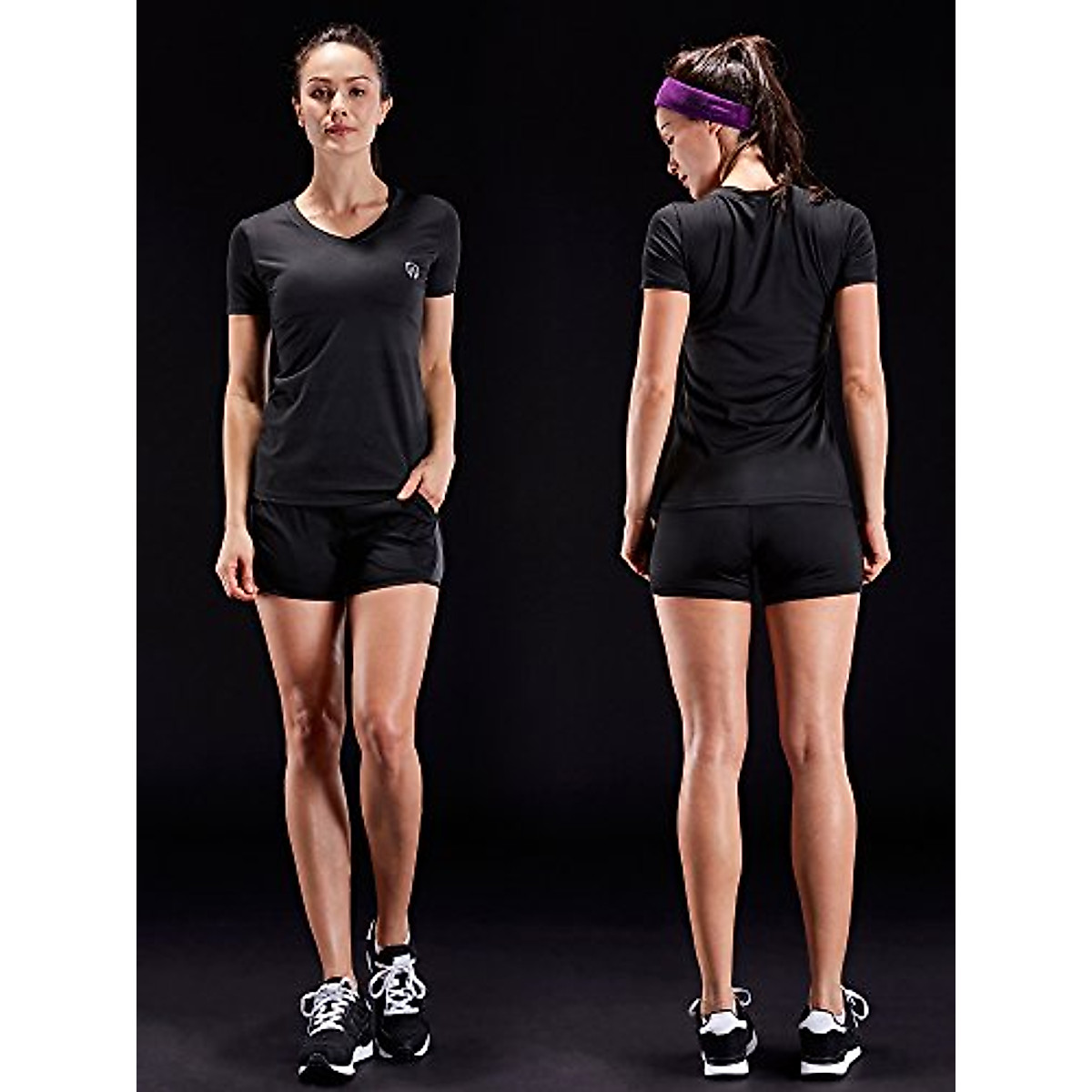 NELEUS Women's 3 Pack V Neck Compression Running Shirt Workout Clothes,8016,Black/Grey/Burgundy,Medium