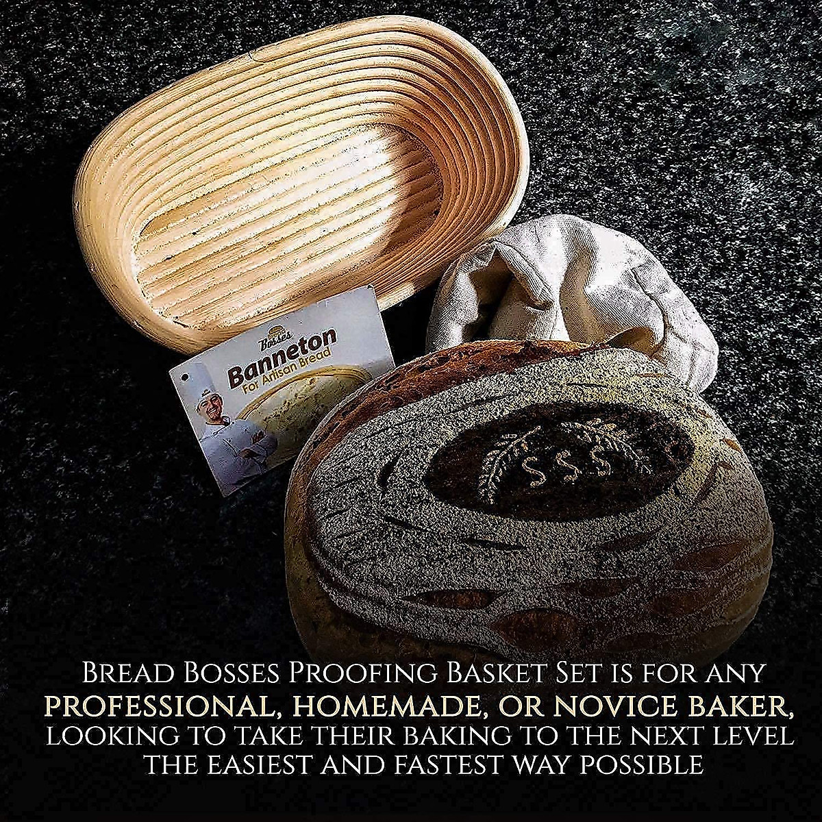 Bread Bosses Oval Bread Banneton Proofing Basket - 10 Inch Baskets and Bread Bakers Lame Slashing Tool - Great as a Gift
