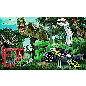 Siairo Dinosaur Toys, Dinosaur Truck Carrier, Dinosaur Transport Truck Car Toy for Kids 3 4 5 Year Old, with 3 Cars, 3 Dinosaurs, Manipulator, Helicopter, Cage, Gift for Boys Kids Toddlers