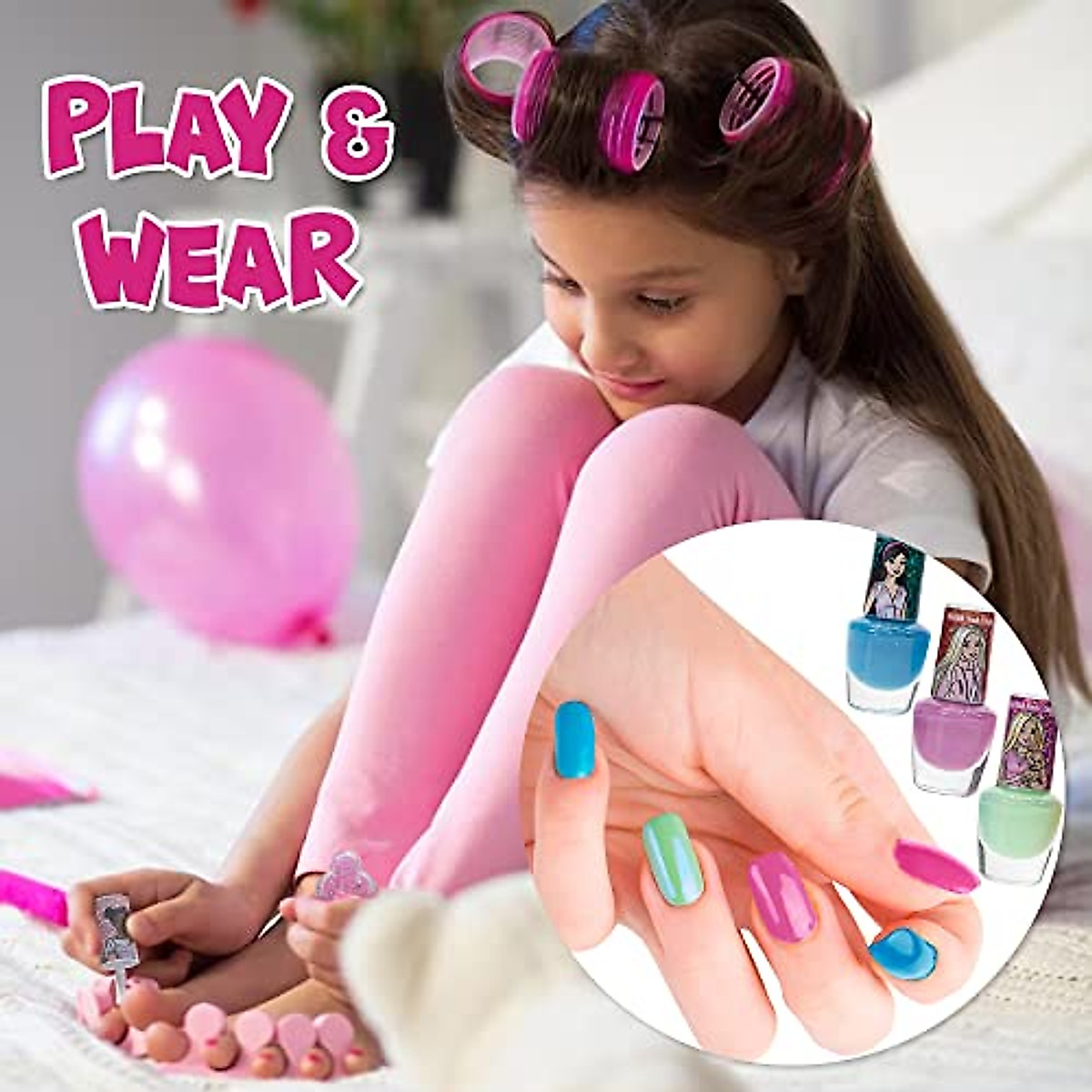 Townley Girl Barbie Non-Toxic Peel-Off Water-Based Safe Nail Polish Set with Nail Dryer for Kids, Batteries Not Included, Ages 3 and Up