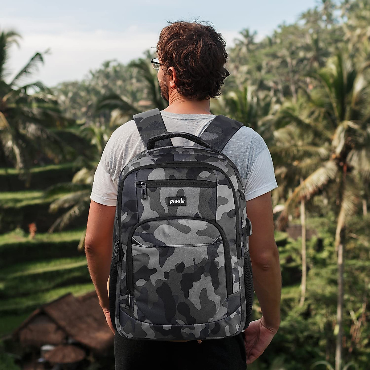 Paude 17 inch Travel Business Backpack for Men,College Backpack School Bookbag for Teens,Laptop Bookbag with USB Port and Headphone Hole,Camouflage Black