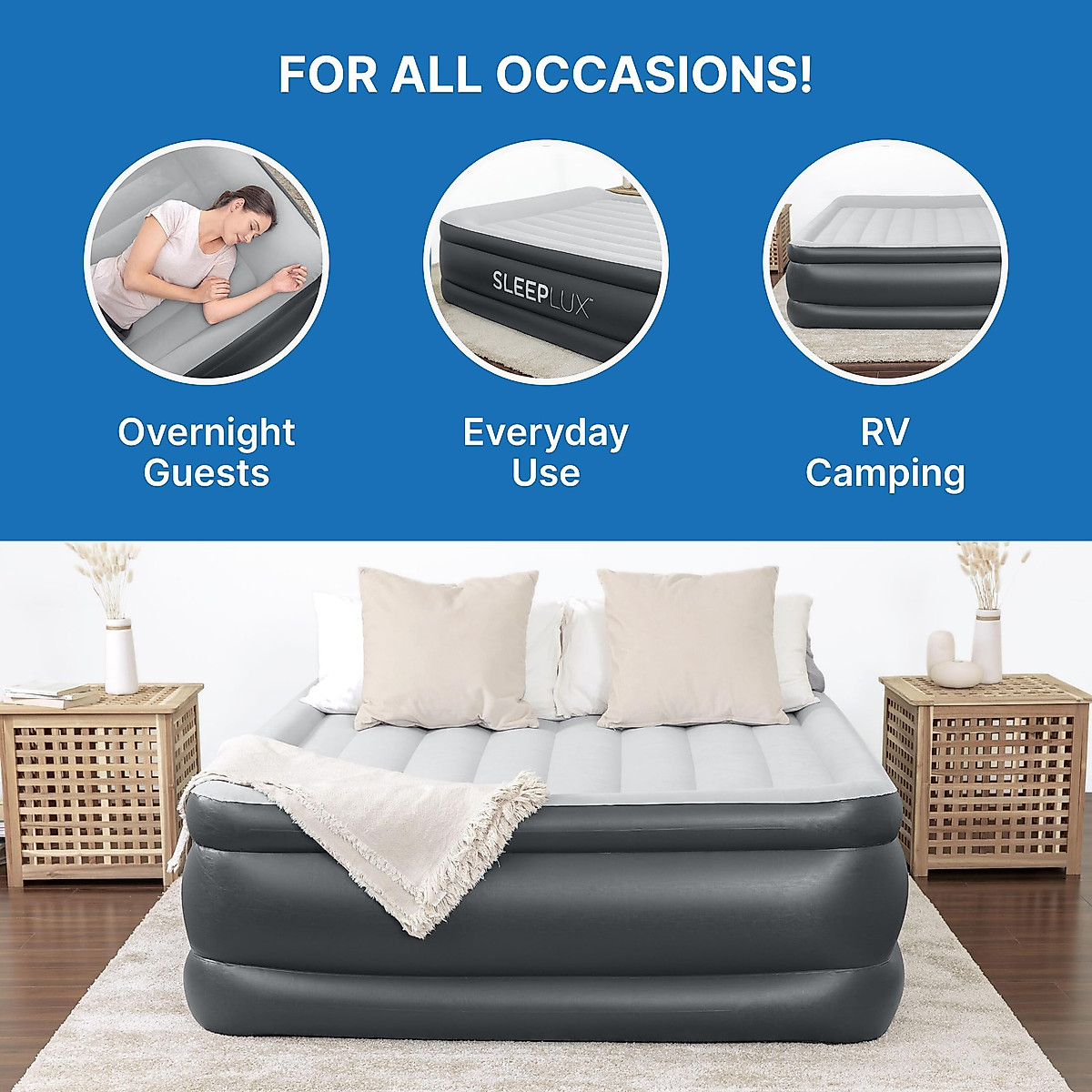 SLEEPLUX Durable Inflatable Air Mattress with Built-in Pump, Pillow and USB Charger, 22" Tall Queen