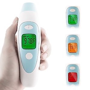 Infrared Thermometer Forehead Ear Non Contact Digital for Adults Kids Babies Fever Indicator Accurate Fast Readings Memory Function (Battery Included)