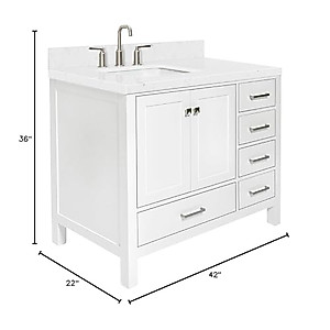 ARIEL Cambridge 42 Inch Bathroom Vanity with Sink, White Bathroom Vanity, Solid Wood Vanity Base Cabinet, Carrara White Quartz 1.5" Edge, Rectangular Single Sink, 2 Soft Closing Doors, 5 Drawers