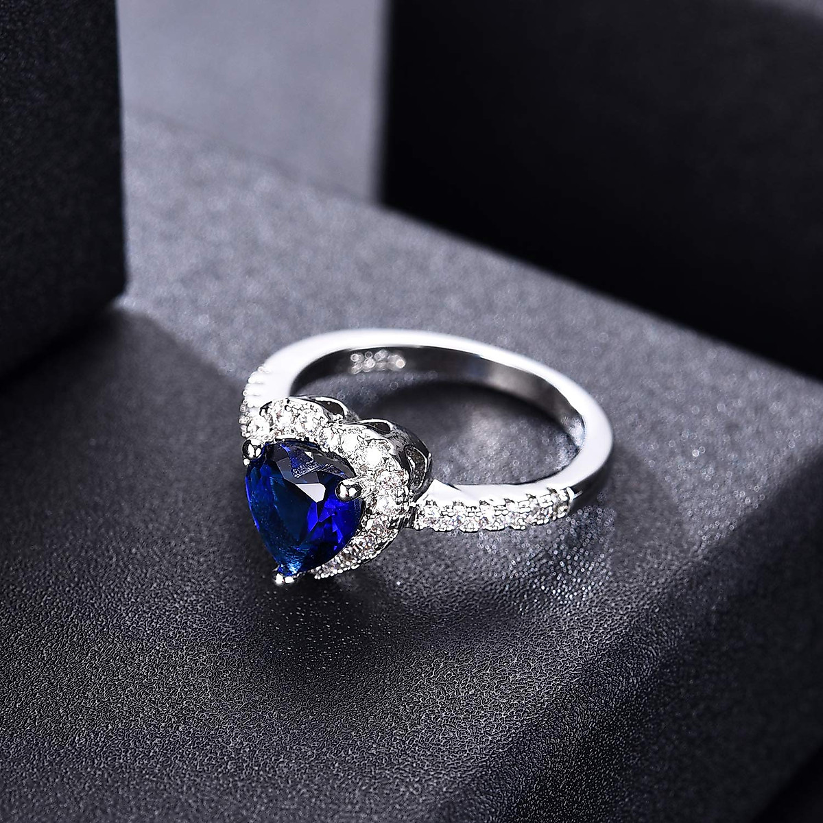 MADEONE 18K white Gold Plating Blue Sapphire Heart love Halo rings Gemstone Excellent Cut Cubic Zirconia CZ Jewelry Promise Wedding Engagement Ring for Women with Box Packing Size 5-9 (6)