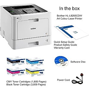 Brother Color HL-L8260CDW Single-Function Wireless Laser Printer, White - Print Only - 33 ppm, 600 x 2400 dpi, 8.5 x 14 Print Size, Auto 2-Sided Printing, Ethernet