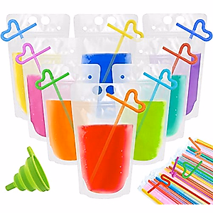 200 Pcs Drink Pouches for Adults, Reusable Plastic Juice Pouches Stand-up Smoothie Drink Pouches with Straw Funnel for Cool Summer Party, Cold Hot Drinks