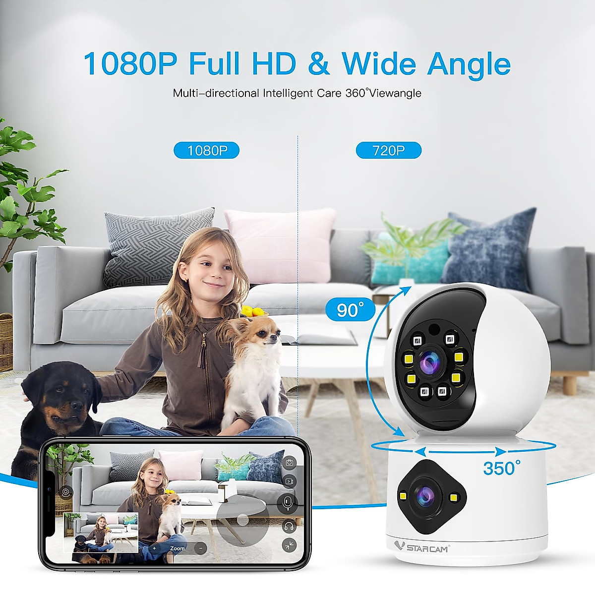 VSTARCAM Dual Lens Indoor Security Camera,5MP Pan Tilt Zoom WiFi Camera,Camera for Baby/Pet/Home with Color Night Vision,2-Way Audio,Human Auto Tracking,Indoor Camera Wireless with Phone App