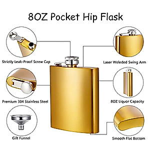 Hip Flask for Men Liquor Flask Stainless Steel Leak proof Flask with Funnel set for Women Pocket Alcohol Drinking Flask set 8OZ (Gold)