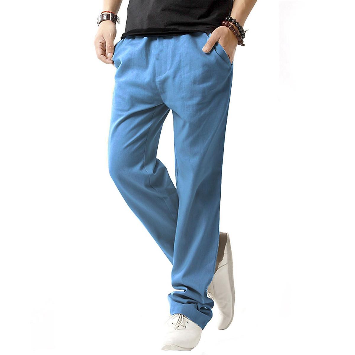 SIR7 Men's Linen Casual Lightweight Drawstrintg Elastic Waist Summer Beach Pants Denim Blue XL