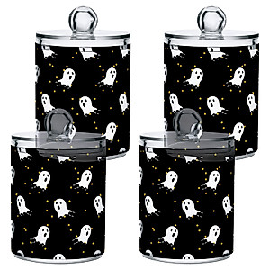 YETTASBIN Halloween Ghost Clear Plastic Apothecary Jars 2 Pack, 14 oz Qtip Holder Dispenser with Lid, Clear Bathroom Storage Canister for Cotton Ball, Cotton Swab