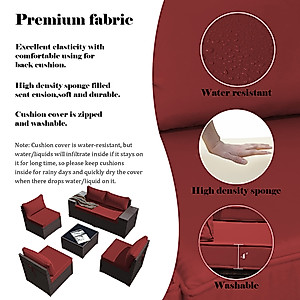 Gotland Outdoor Patio Furniture Sets 6 Piece Patio Sectional Furniture All-Weather Outdoor Patio Sofa PE Wicker Backyard Deck Couch Conversation Chair Set with Table & 5 Red Thickened Cushions