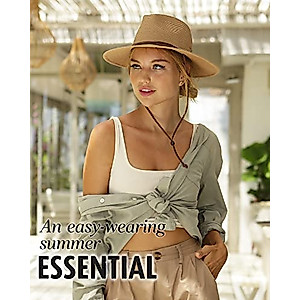 FURTALK Womens Summer Straw Sun Hats Wide Brim Panama Fedora Beach Hat with Wind Lanyard UPF 50+ Khaki