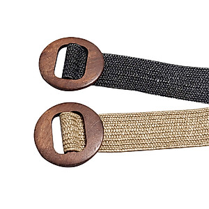 Women's Summer Straw Wide Waistband Wood Buckle Elastic Casual Adjustable Belt (Beige)
