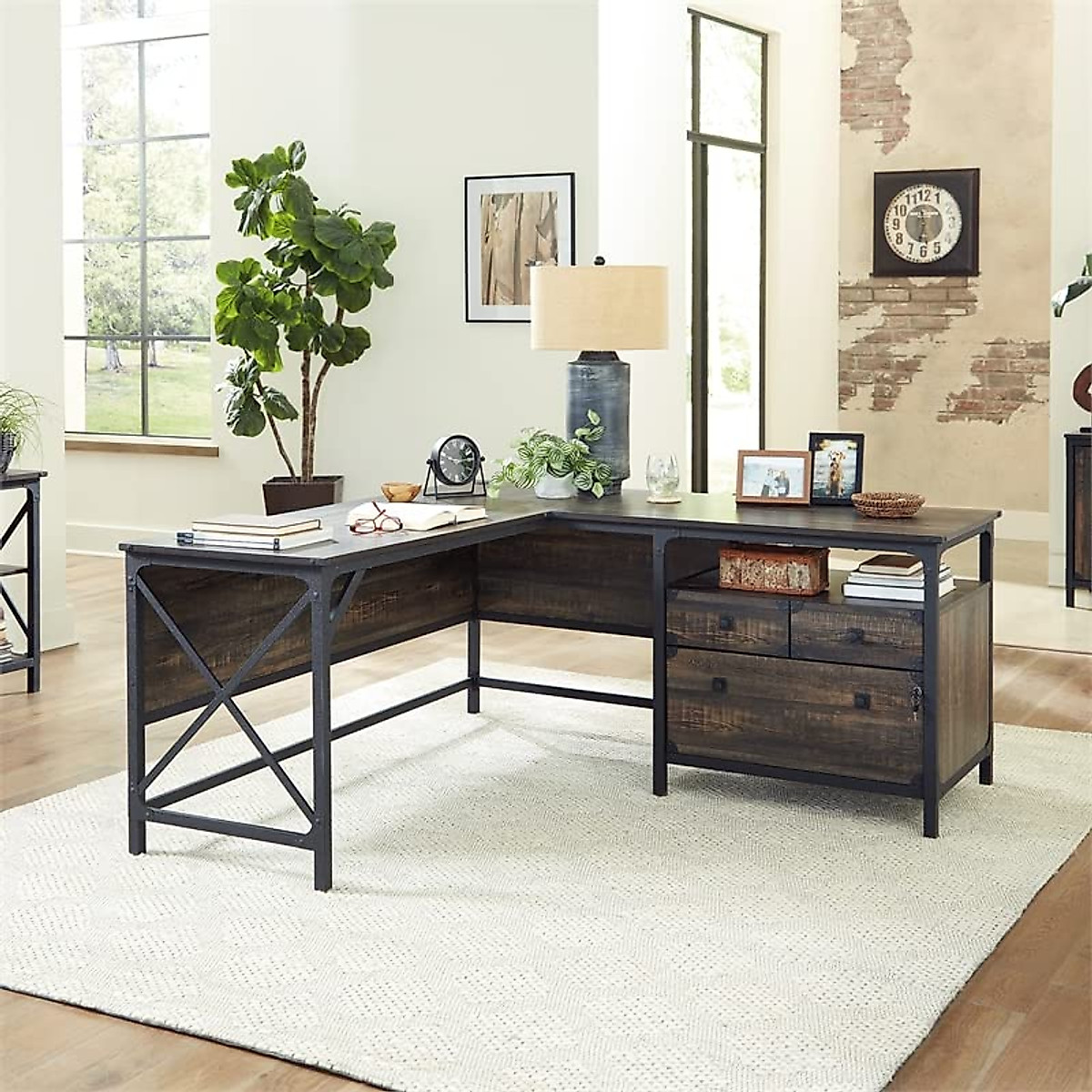Sauder Steel River Wood and Metal L-Desk with Drawers, Carbon Oak Finish
