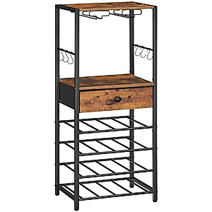 HOOBRO Wine Rack Freestanding Floor, 16-Bottle Wine Storage Rack with Non-Woven Fabric Drawer and Hooks, Wine Rack Table, Bar Cabinet for Kitchen, Dining Room, Bar, Rustic Brown and Black BF10JJ01
