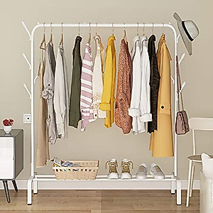 YAYI Clothes Rack Heavy Duty Clothes Rail Metal Garment Rail With Top Rod and Lower Storage and Side Hooks,White
