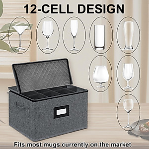 Wine glass Storage Box with Divider - China Storage Containers Hard Shell Stemware Storage Bins with Lids Holds 12 Wine Glass or Crystal Glassware Case, Stackable with Label Window (Dark Grey)