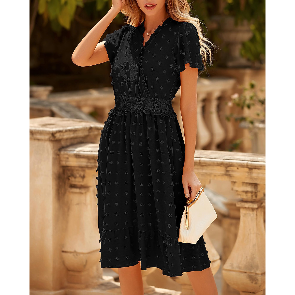 BTFBM Women's Summer Elegant Short Sleeve V Neck Swiss Dot Midi Dresses Cute Boho High Waist Long Dresses A-Line Ruffle Dress（Solid Black,X-Large