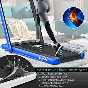 Goplus 2 in 1 Folding Treadmill with Dual Display, 2.25HP Superfit Under Desk Electric Pad Treadmill, Installation-Free, Blue Tooth Speaker, APP Control, Remote Control, Walking Jogging for Home