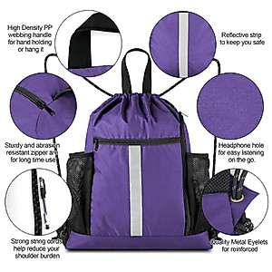 BeeGreen Purple String Bag Sack Gym Backpack with Shoe Compartment and Two Water Bottle Holder for Men Women Lightweight Durable Drawstring Cinch Sackpack