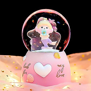 Snow Globe for Girls, 80mm Cute Seabed Figurine Snow Globe Music Box with Color Changing LED Lighs and Automatic Snowflakes, Christmas Birthday Gifts for Kids Girls Granddaughters (183-A)