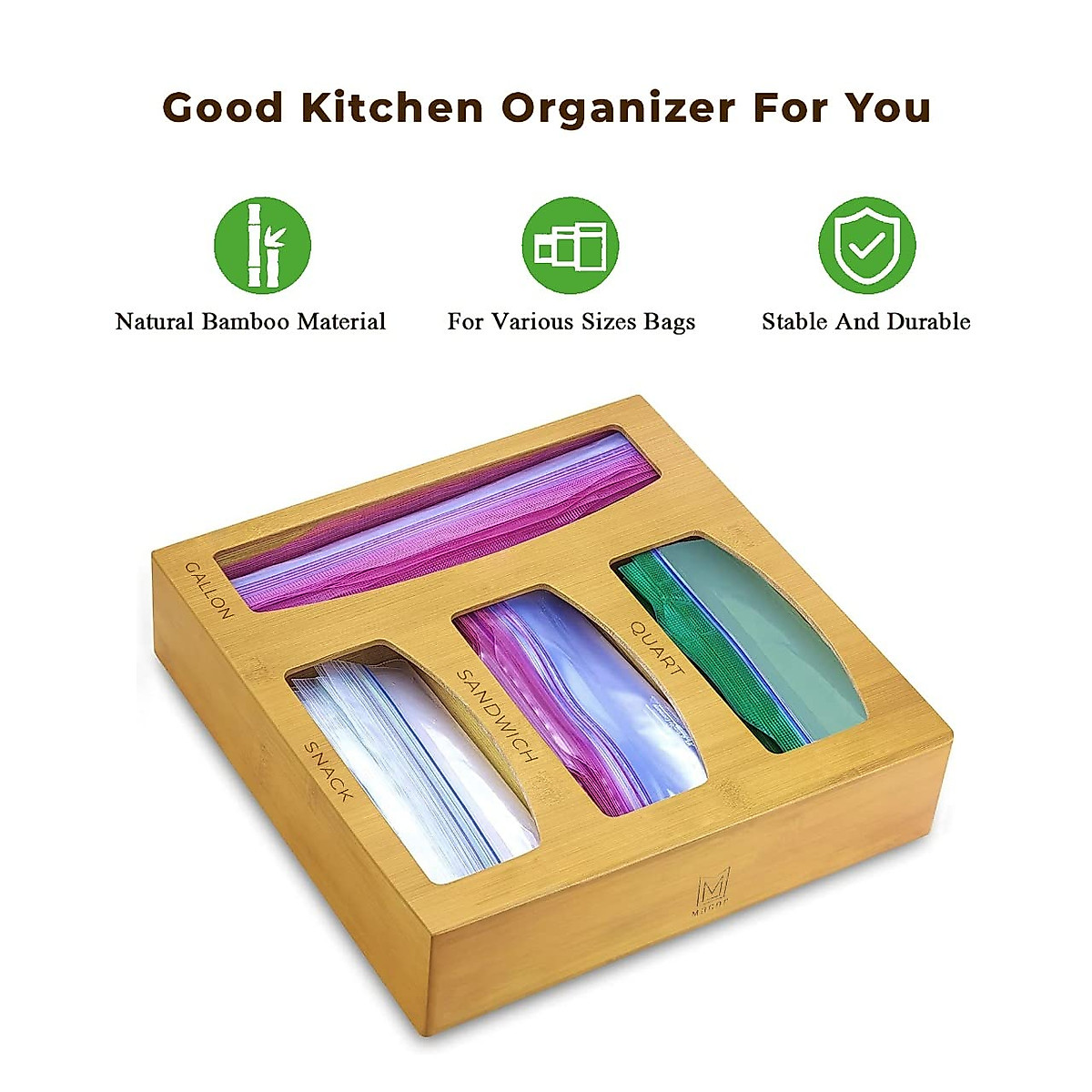 MAGOR ziplock bag Storage organizer for Kitchen Drawer, Bamboo Baggie holder and Storage bag organizer Compatible with Gallon, Quart sandwich and snacks variety size bags (1Box 4 Slots),ZBS 2022