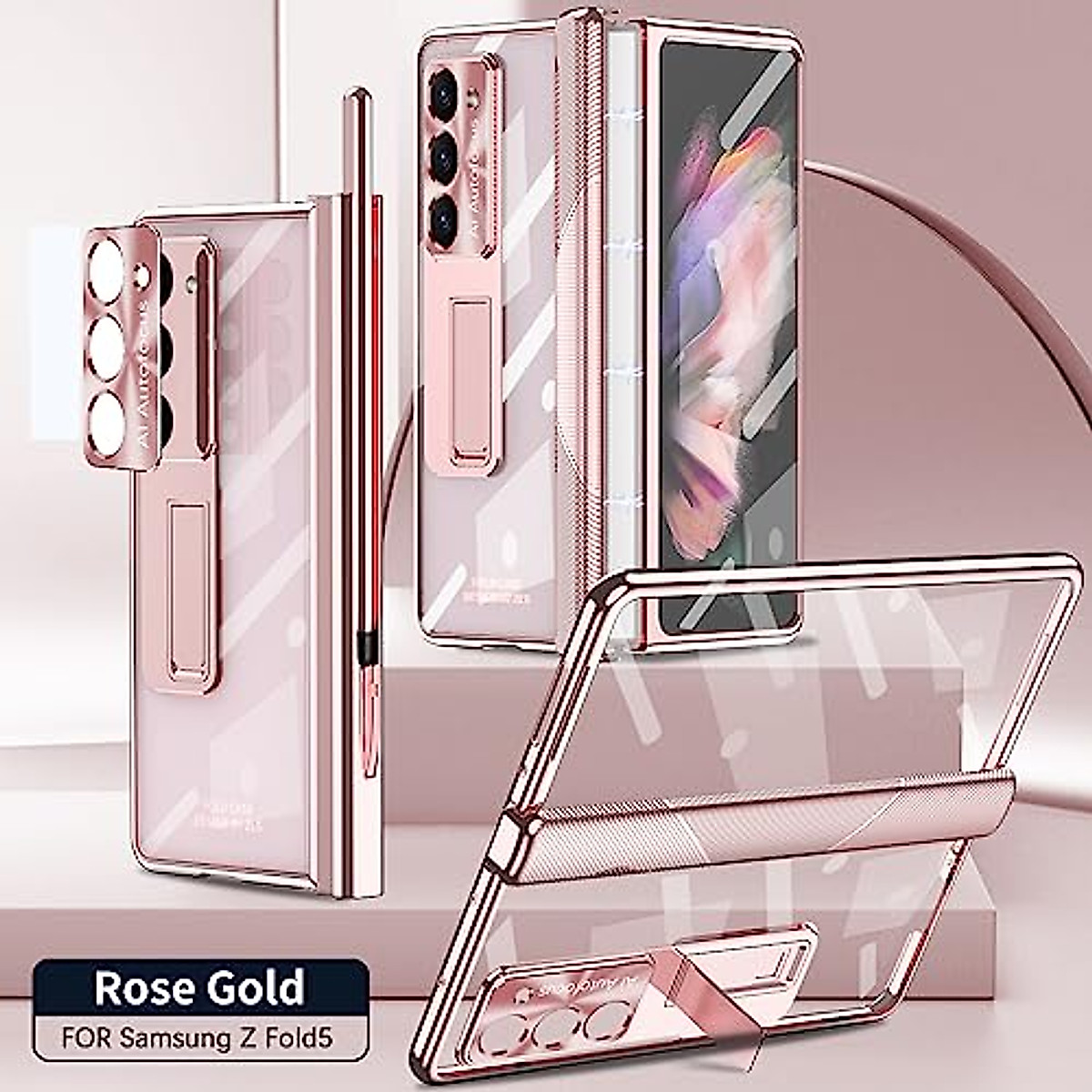 PUROOM for Samsung Galaxy Z Fold 5 Hinge Coverage Protective Case Transparent Plating PC with Pen Holder Kickstand Screen Protector All-Inclusive Case (z fold 5, Rose Gold)