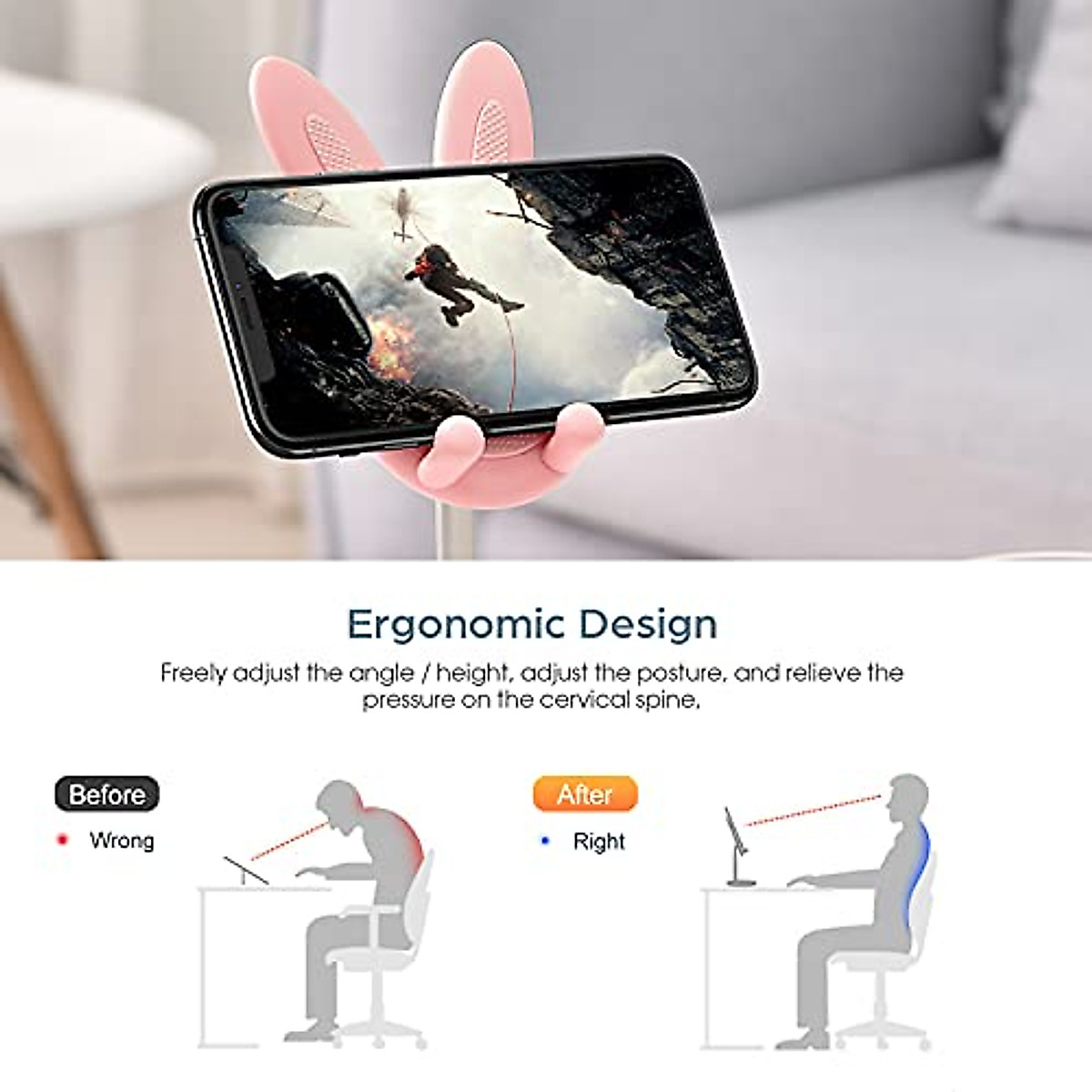 Cell Phone Stand,Angle Height Adjustable Bunny Phone Stand for Desk,Cute Rabbit Phone Holder Stand for Desk, Compatible with All Mobile Phones,iPhone,Samsung,Pixel,iPad,Tablet(4-10in) (Pink)