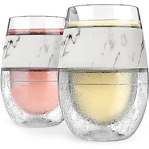 Host Wine Freeze Cup Set of 2 - Plastic Double Wall Insulated Wine Cooling Freezable Drink Vacuum Cup with Freezing Gel, Wine Glasses for Red and White Wine, 8.5 oz Marble - Gift Essentials
