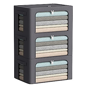 3Pack Stackable Clothes Storage Bins - Oxford Frame Storage Box Foldable Clothing Storage Container Organizer Set with Clear Window & Carry Handles Large Capacity (Dark Gray, Small-22L)