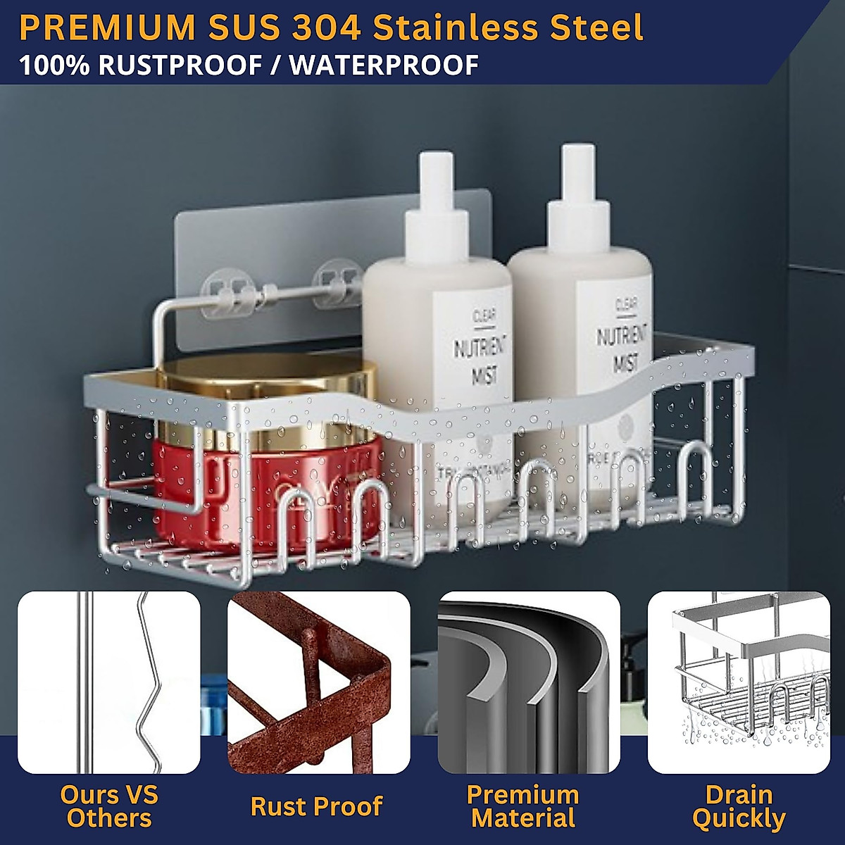 Rustproof Adhesive Shower Caddy Hanging - ASA STORES Silver 5-Pack No Drill Bathroom Organizer With 20 Hooks, Soap Holder,4 Snap Hooks-Stainless Steel Wall Mounted Storage For Kitchen & Home Decor