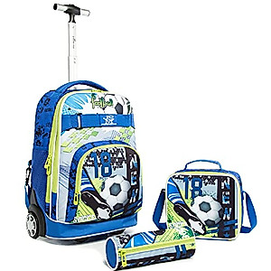 MOHCO 19 inch Rolling Backpack Set Wheeled School Book bag with Insulated Lunch Bag and Pencil Case (Football)