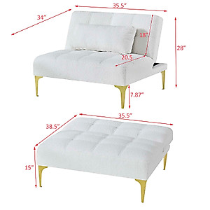 Convertible Sofa Bed Single Chair Futon with Adjustable Backrest, Teddy Fabric Armless Chair with Pillow, Futon Sleeper Couch Daybed Single Chair for Living Room Bedroom Apartment Office (White)
