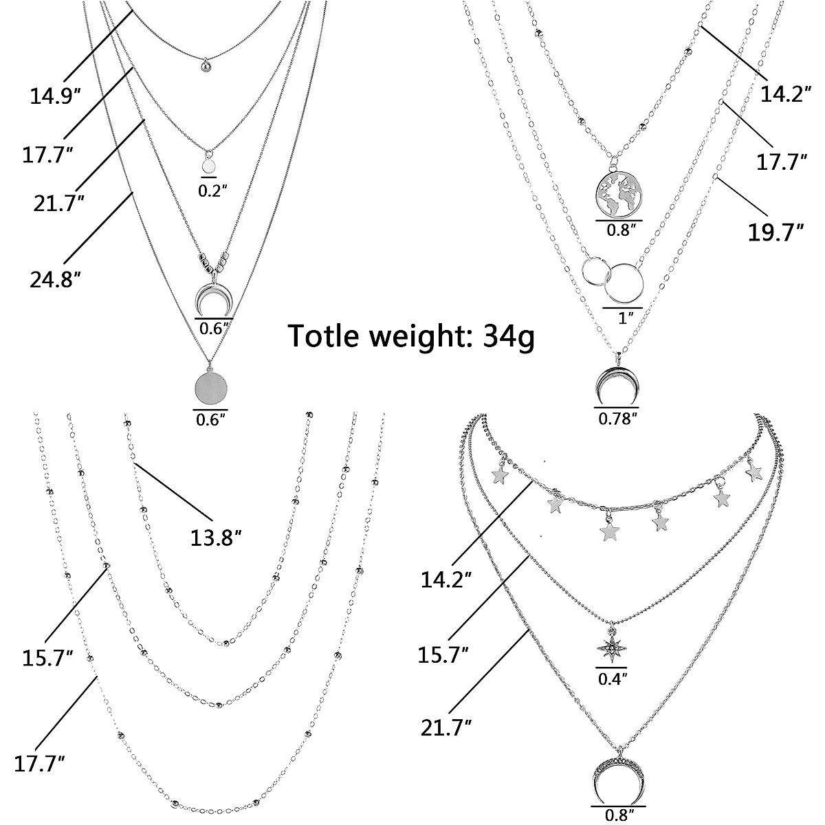 RINHOO FRIENDSHIP 4-6Pcs Multiple Layered Choker Necklace With Moon Star Coin Multi Layered Y Pendant Necklaces Set For Women (4PCS Multiple Silver Necklace)