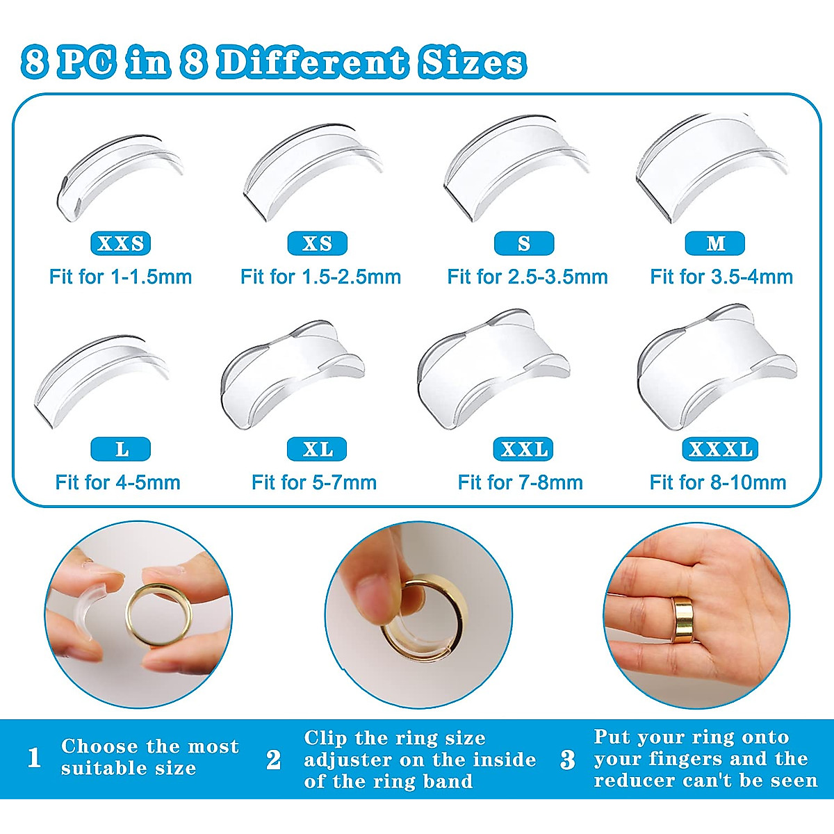 70 Pcs Ring Size Adjuster for Loose Rings with Ring Size Measuring Tool for Ring Adjuster, Plug-in Invisible Ring Spiral Silicone Tightener with Women and Men Any Rings Size
