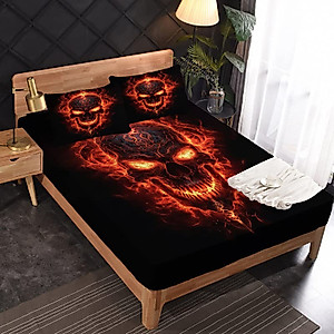 Goth Sheet Set King Size - Skull Bed Sheets - Flame Printed Bedding Sheets & Pillowcases - Super Soft & Deep Pocket & Winkle Free - 4 Piece (Flat, Fitted Sheet & 2 Pillowcases) &3L-80