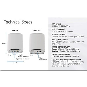 Netgear RBK763S-100NAS Orbi Tri-Band WiFi 6 Mesh System Router + 2 Satellites