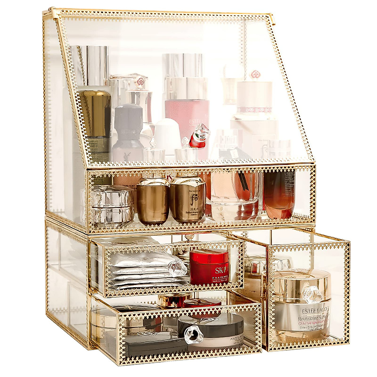 CONHENCI Large Glass Makeup Organizer Drawer Set Beauty Storage Bathroom Counter Organizer Cosmetic Display (11.5inx8.5inx5.5in)