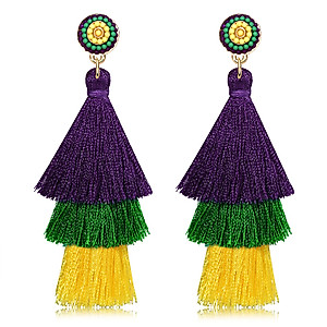 VOGUEKNOCK Mardi Gras Earrings Beaded Ear Stud Tiered Tassel Drop Earrings Mardi Gras Costume Party Jewelry Accessories (Mardi Gras)